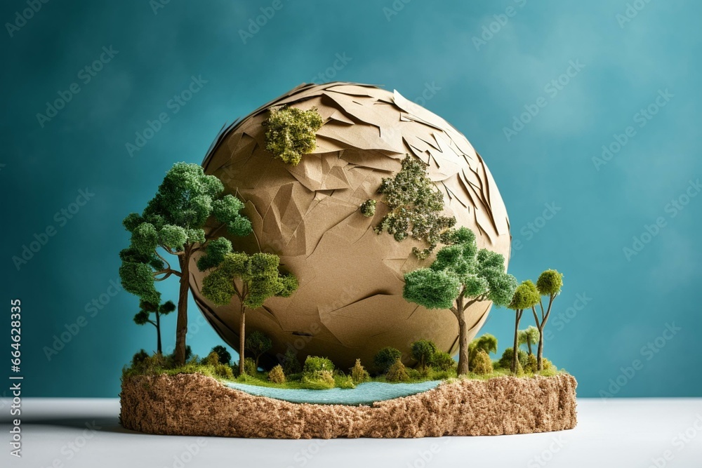 Innovative eco idea. Recycled paper planet with tree, preserving nature ...