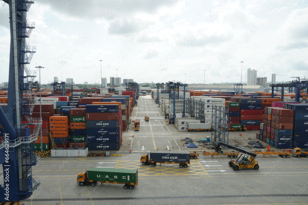 Cartagena, Colombia - 06 25 2023: Container terminal with reach stacker ...
