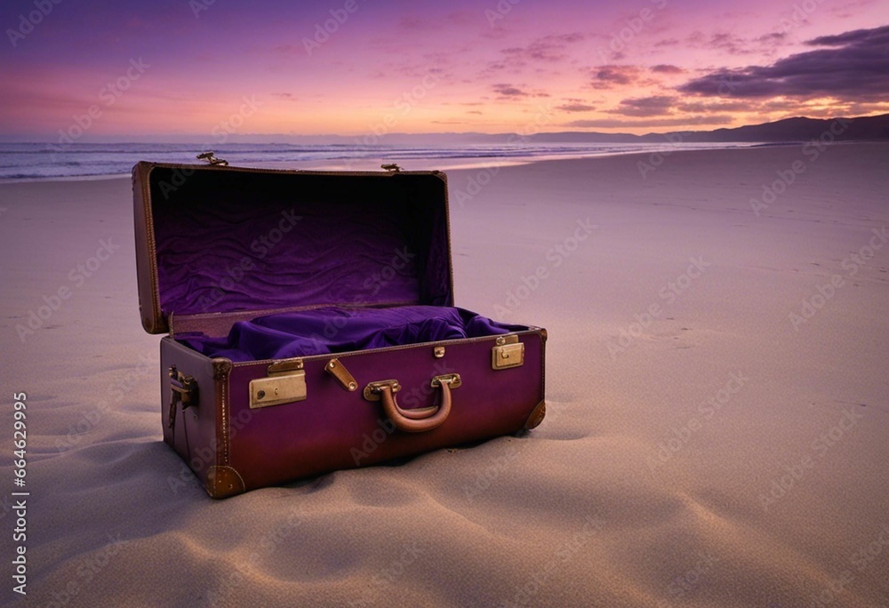AI generated illustration of A vibrant purple suitcase with its lid ...
