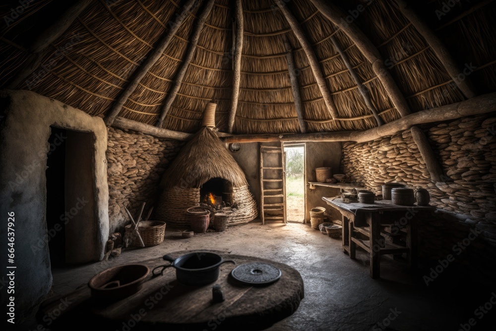 Interior of an ancient hut. Old room. The dwelling of ancient people ...