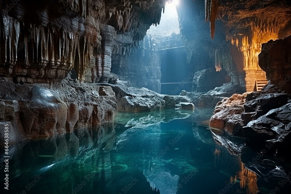 Subterranean water body in cavern with an underground lair. Generative ...