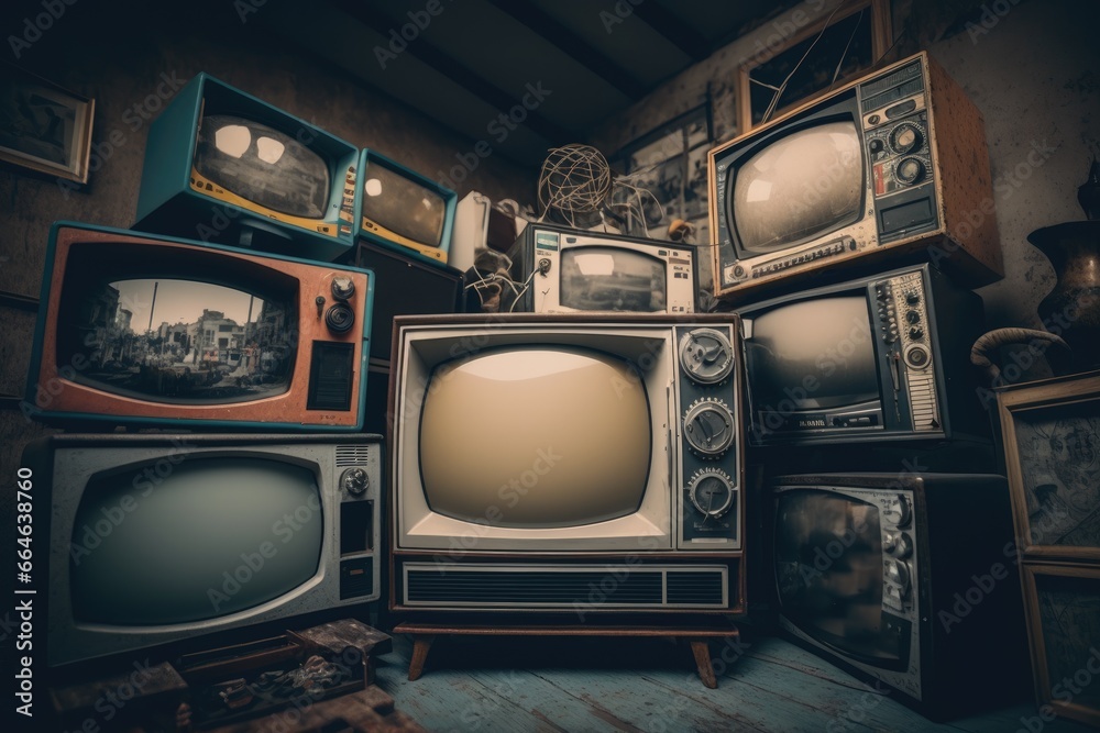 Retro TVs of various sizes are in an old abandoned room. Stock Photo ...