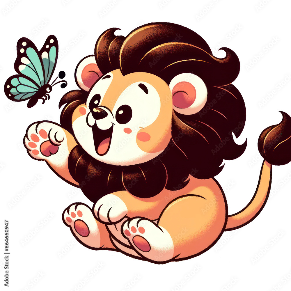Spirited lion cub with a tufted tail, playfully pouncing on a butterfly ...