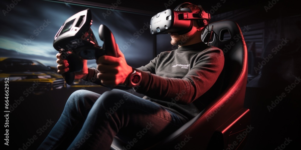 Futuristic simulator seat cockpit, man playing smart video games with ...