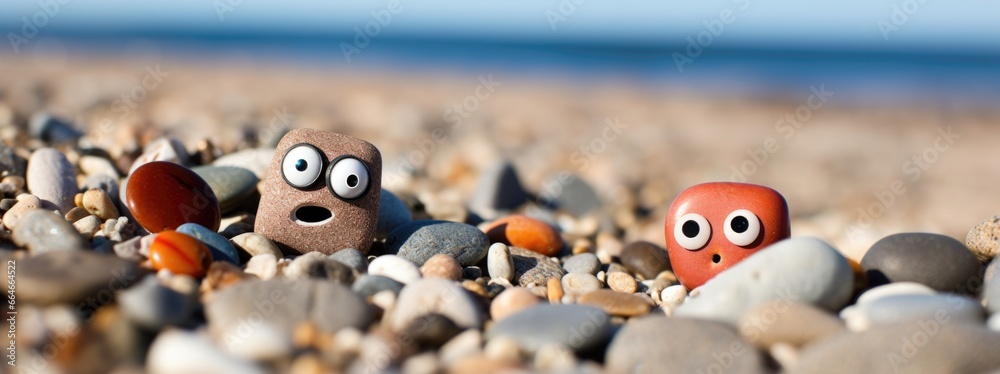 Quirky round tumbled beach rocks with googly eyes on a sandy coastal ...