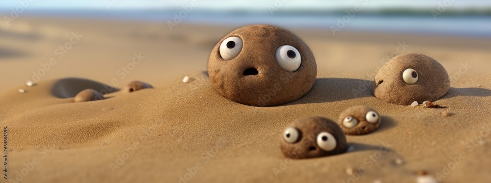 Quirky round tumbled beach rocks with googly eyes on a sandy coastal ...