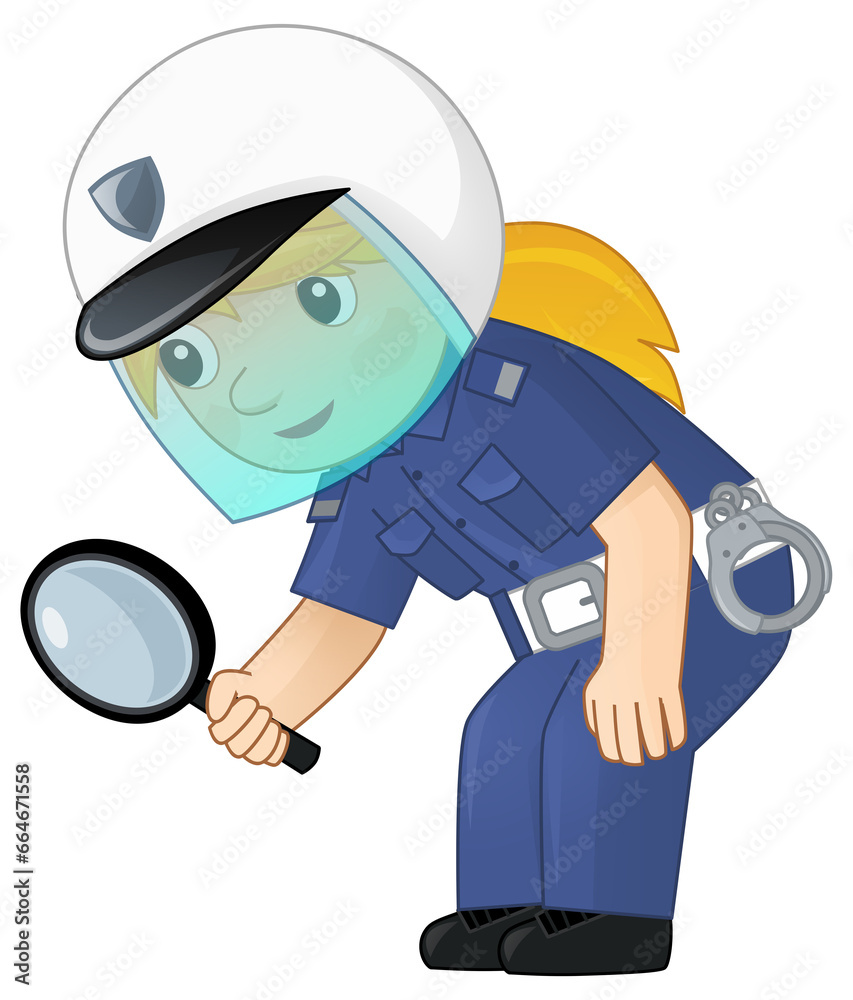 Cartoon character policeman girl at work with handcuffs and helmet ...