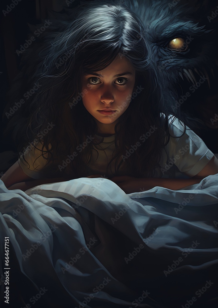 woman laying bed wolf head monster under girl brown hair fighting ...