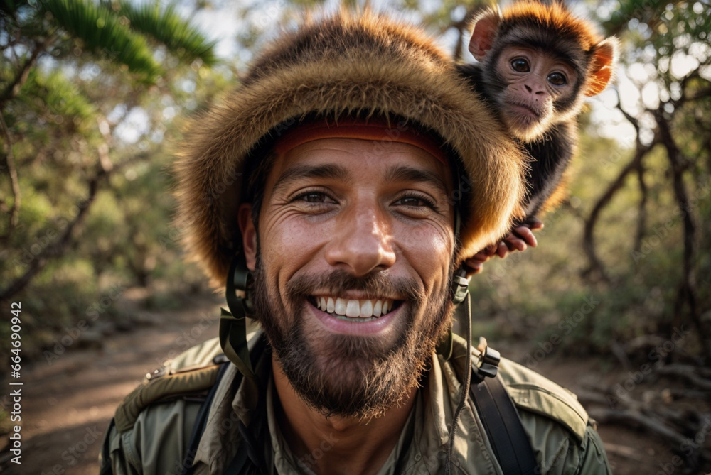 Man guarding wildlife reserves with monkeys in the jungle, funny image ...