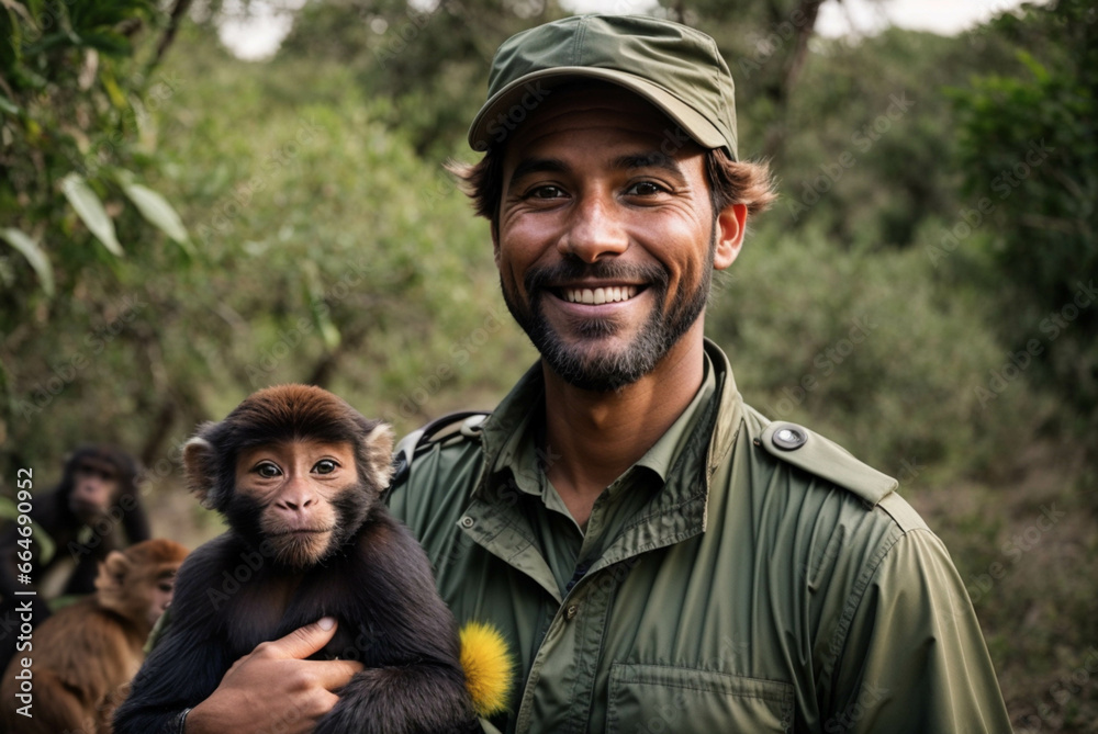 Man Guarding In Wildlife Reserves with monkeys in the jungle. man ...