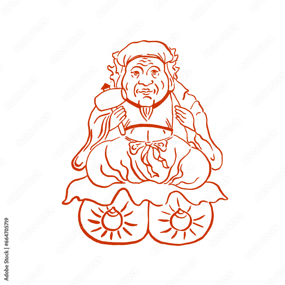 Japanese god of wealth and happiness Daikoku. Vector image, hand ...
