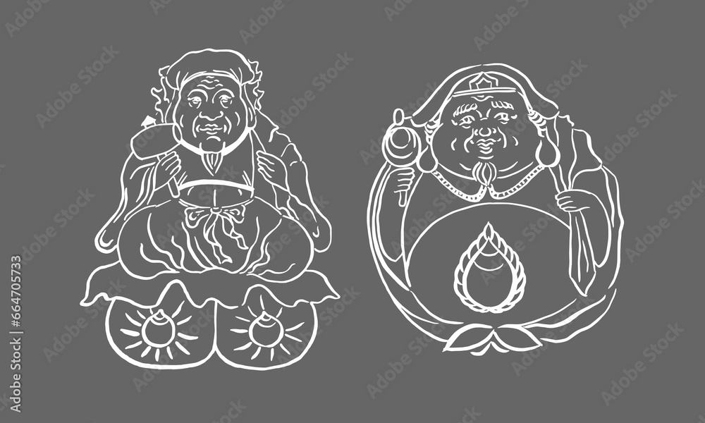 Two vector drawings of the Japanese god of wealth. Daikoku. Daikokuten ...