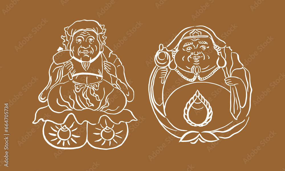 Two vector drawings of the Japanese god of wealth. Daikoku. Daikokuten ...