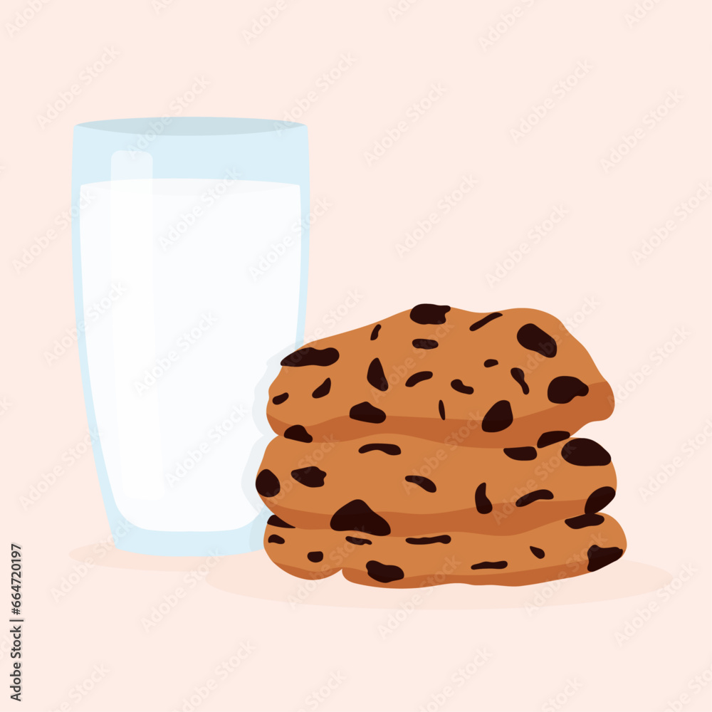 Milk and cookies illustration. Glass of milk with a stack of chocolate ...