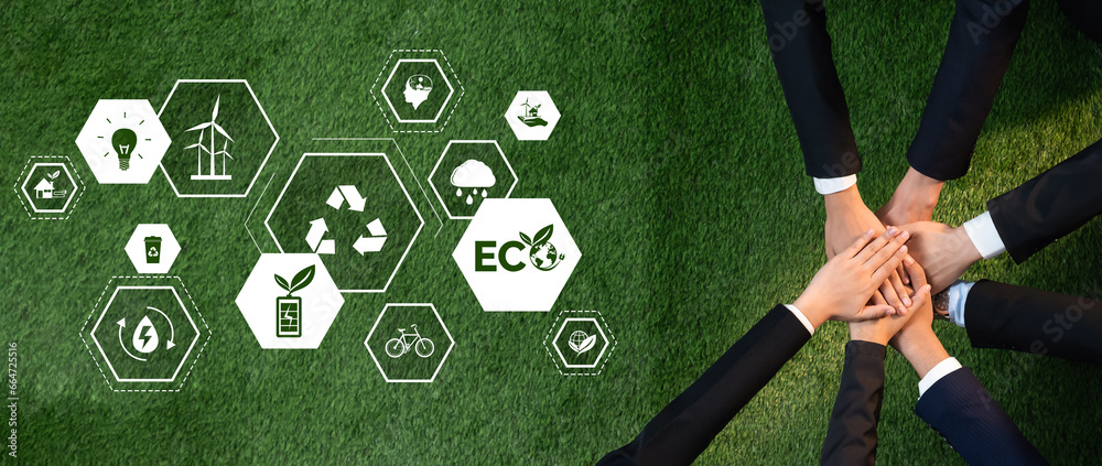 Business partnership join hand together with eco design icon symbolize ...