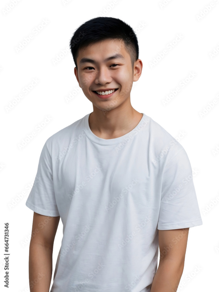 Young Asian man wearing a white shirt smiling and looking at the camera ...