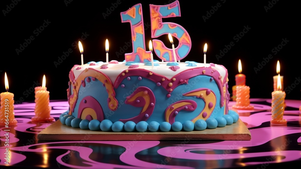 A cake for a 15th birthday, with a giant number 15 candle and a retro ...