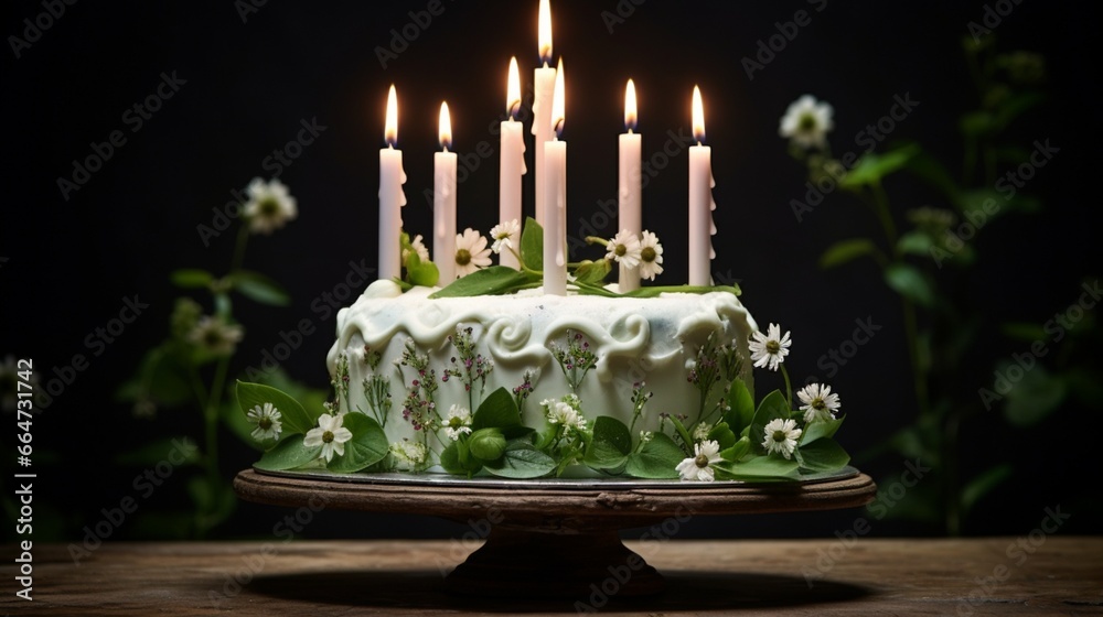A cake for a 63rd birthday, with a number 63 candle and a secret garden ...