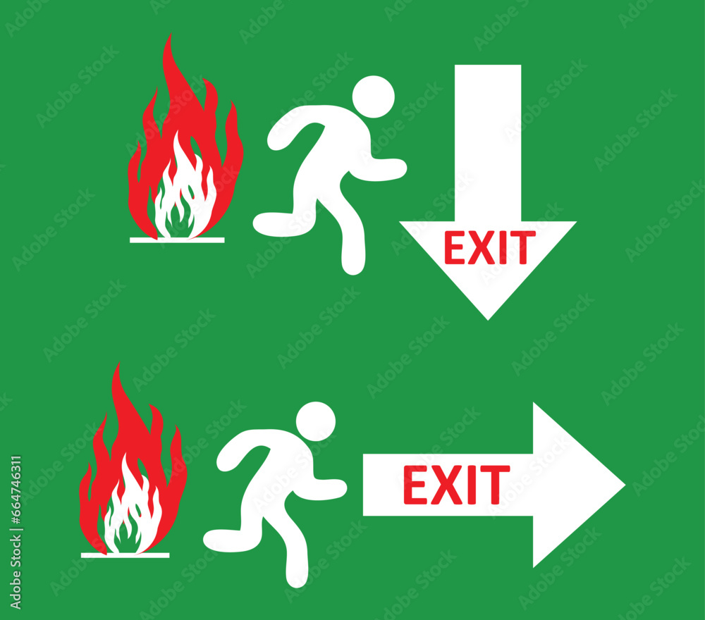 Vector fire exit sign, running main icon, emergency door symbol, arrow ...