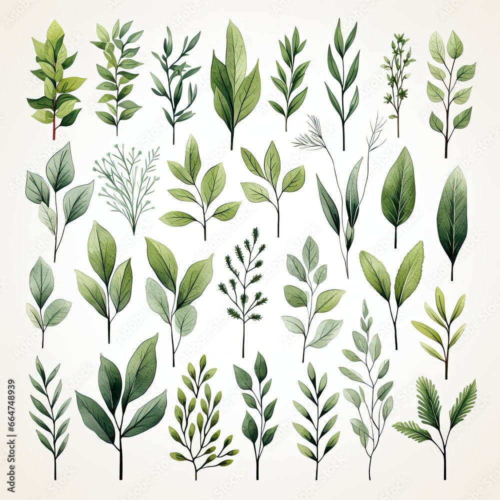 Collection of watercolor herbs clipart on white background. Stock ...