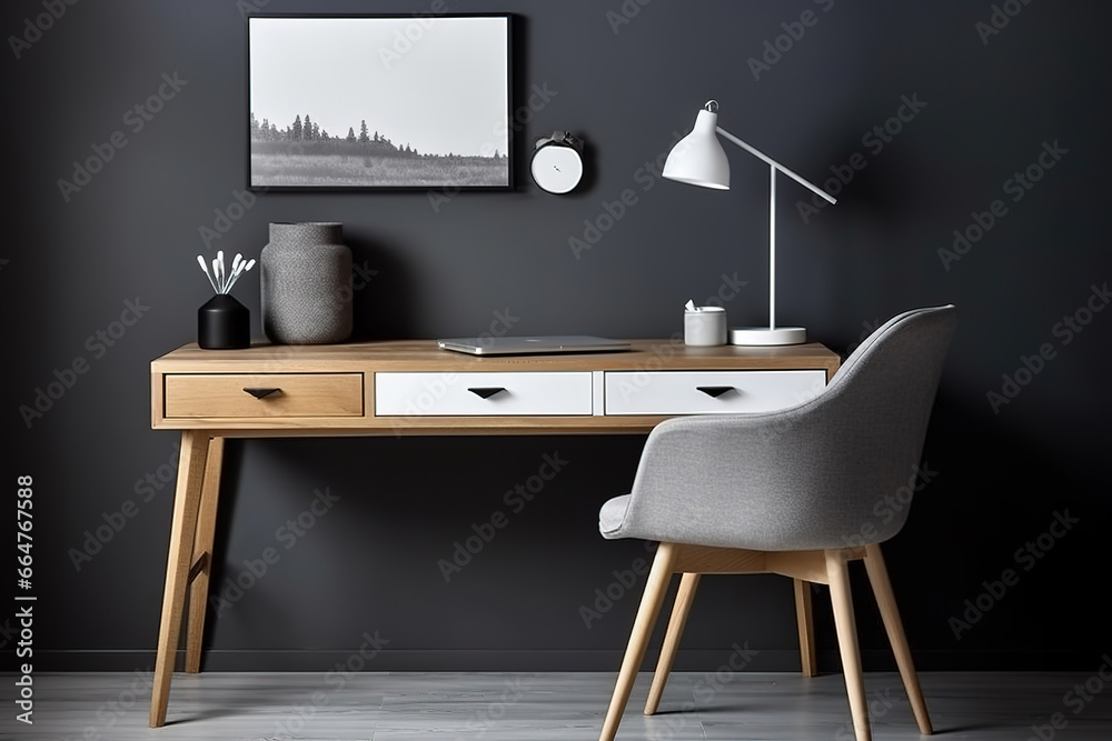 Workplace with white chair at wooden drawer writing desk against of ...