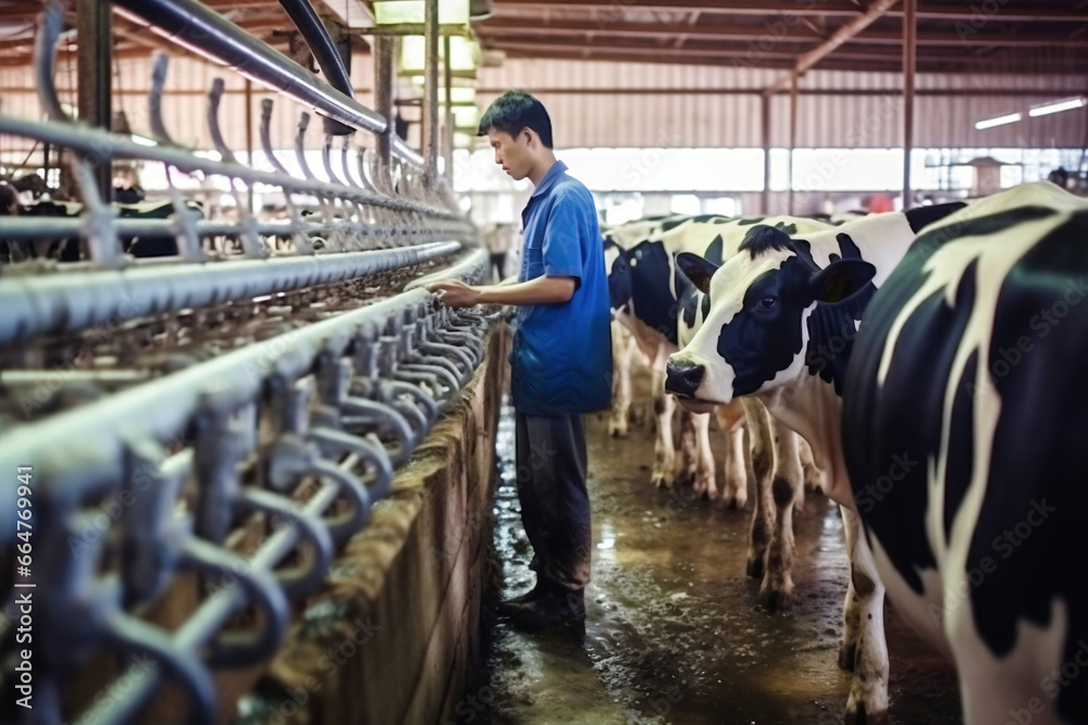 A farmer takes care of his cows. Private farming. Milk production and ...