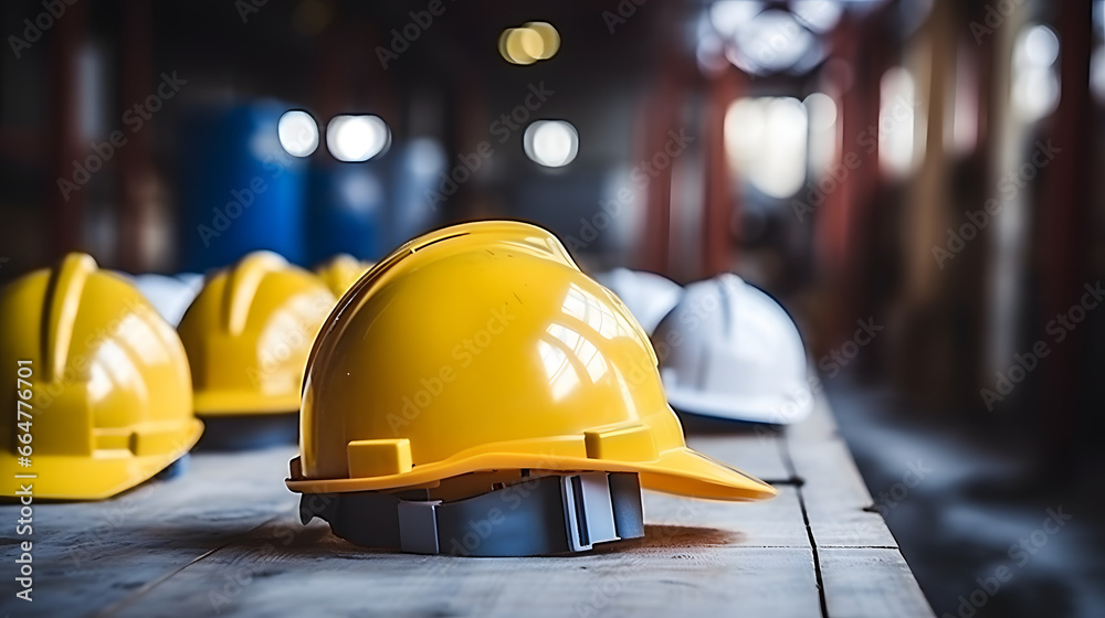 The white, blue and yellow safety helmet stacking on table with the ...
