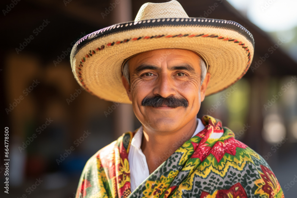 A middle-aged Latino man with a mustache and wearing a traditional ...