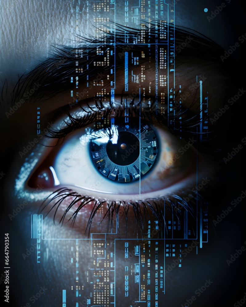 AI generated illustration of a closeup of a human eye with numerical ...