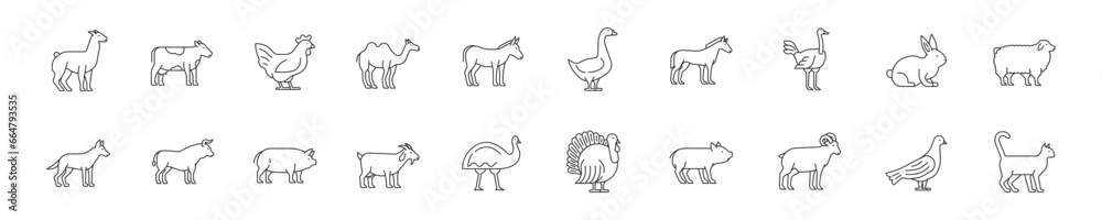 Set of icons with farm animals and birds in linear style. Vector ...