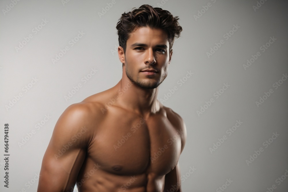 Half body portrait of attractive shirtless muscular young man against ...