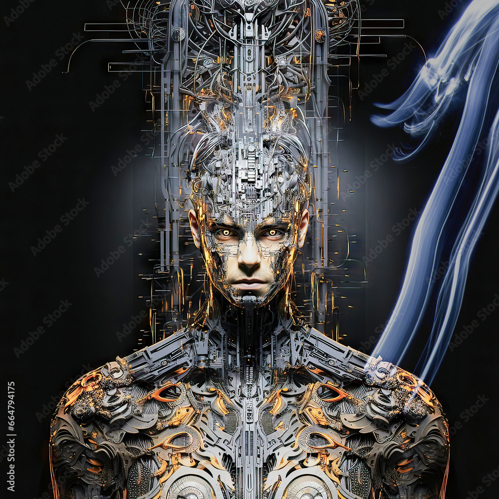 Android Machine Humanoid with Circuits, Electrical Wires, and ...