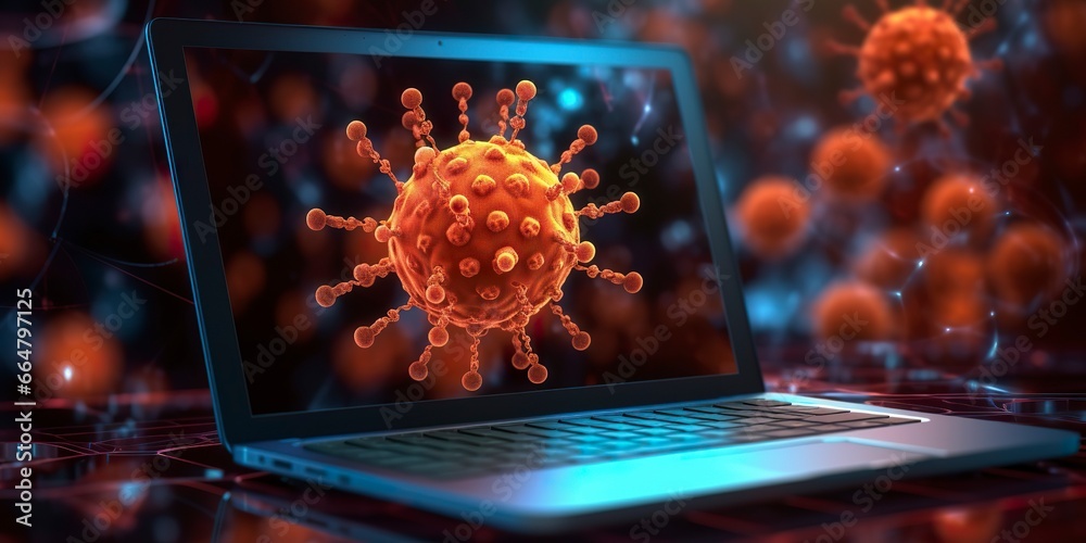 Computer screen showing an installing update notification with a virus ...