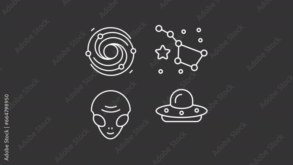 2D set of white icon animations representing space, HD video with ...