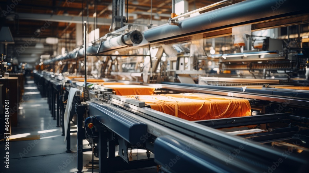 Textile industrial sewing machines at work in a factory, weaving a ...