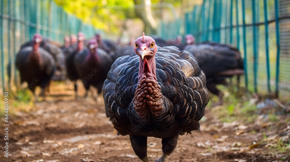 Dinde dans son enclos à la ferme, focus sur un animal avec d'autres ...