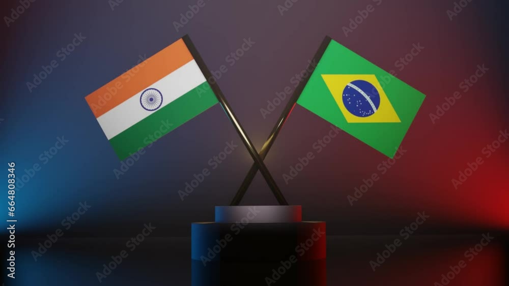 Brazil And India Flags Crossed Together in dark blue and red Background ...