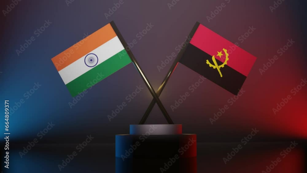 Angola And India Flags Crossed Together in dark blue and red Background, Angola vs India flags ...