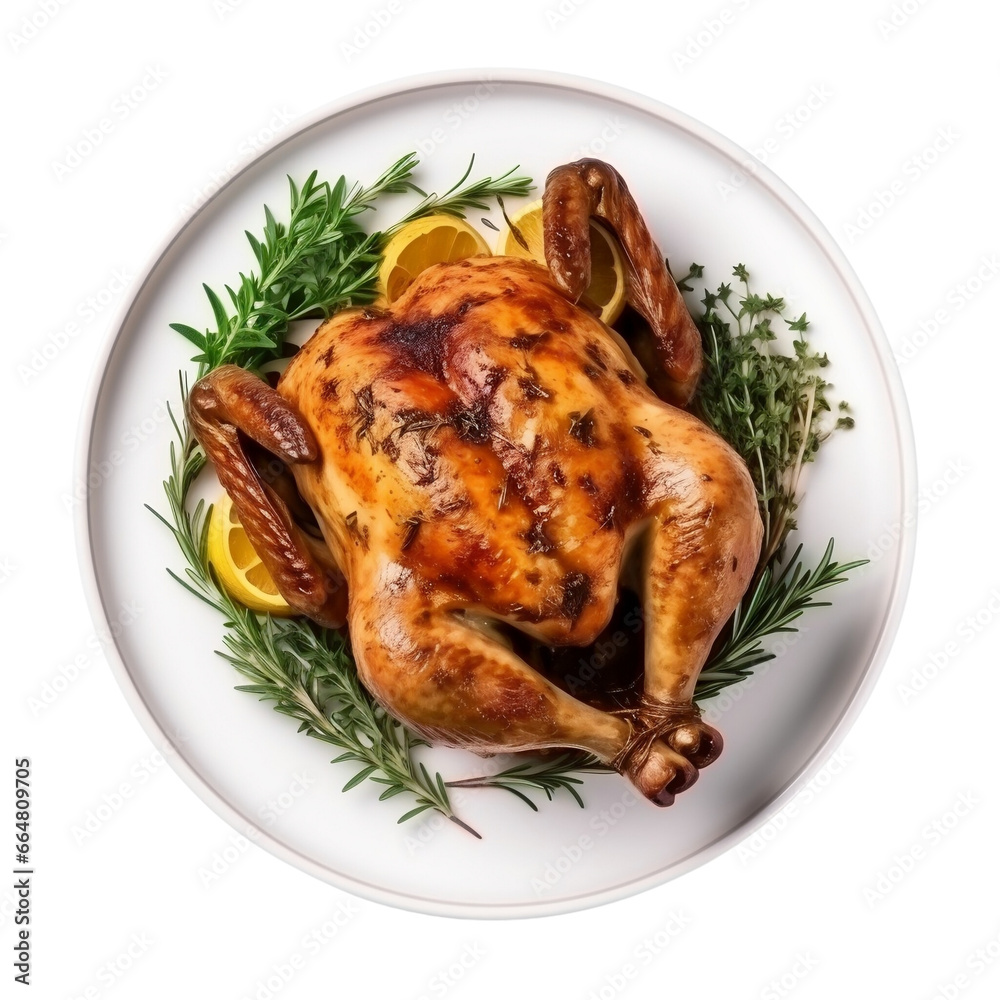 Roasted chicken on plate isolated on transparent background, Grilled ...