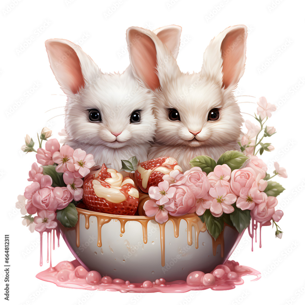Cute two rabbits cartoon style and freshly strawberry in bowl element ...