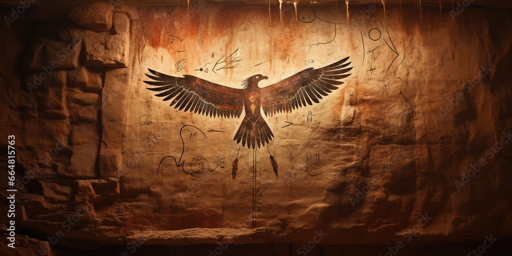 An ancient cave painting depicting the Thunderbird eagle, with symbols ...