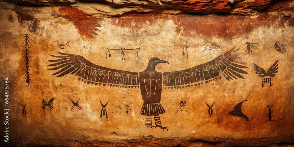 An ancient cave painting depicting the Thunderbird eagle, with symbols ...