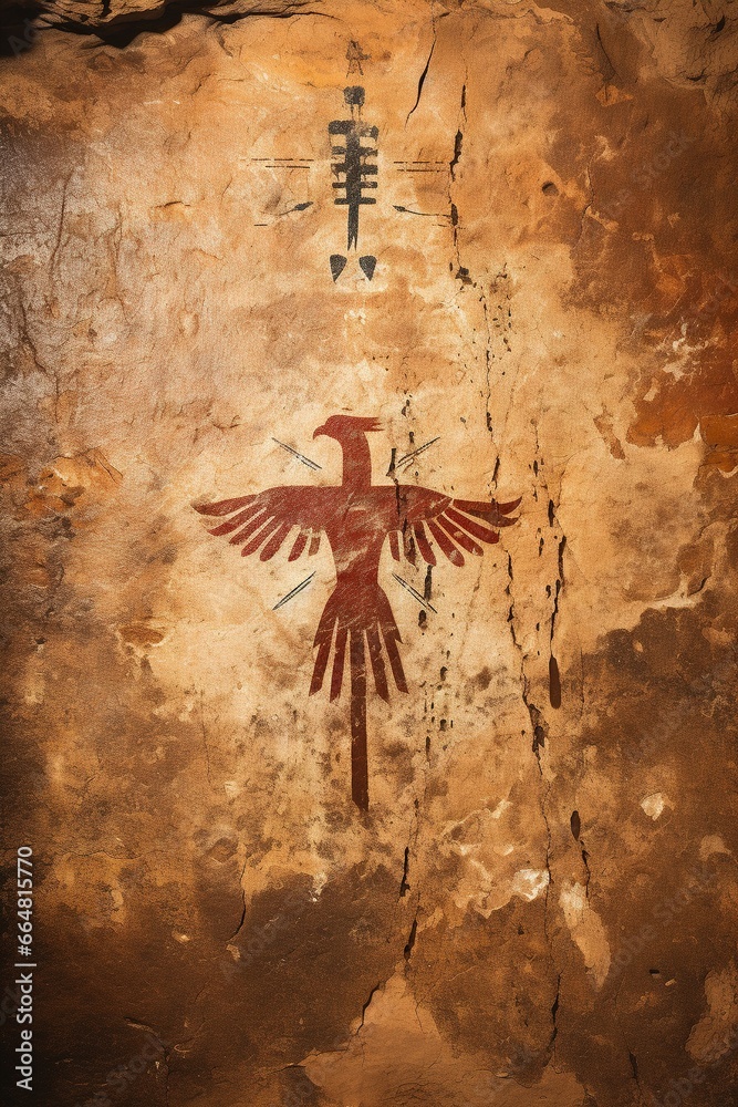 An ancient cave painting depicting the Thunderbird eagle, with symbols ...