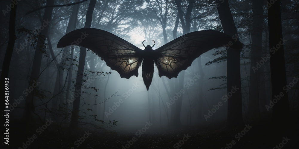 In a dense, fog-laden forest, the shadowy outline of Mothman emerges ...
