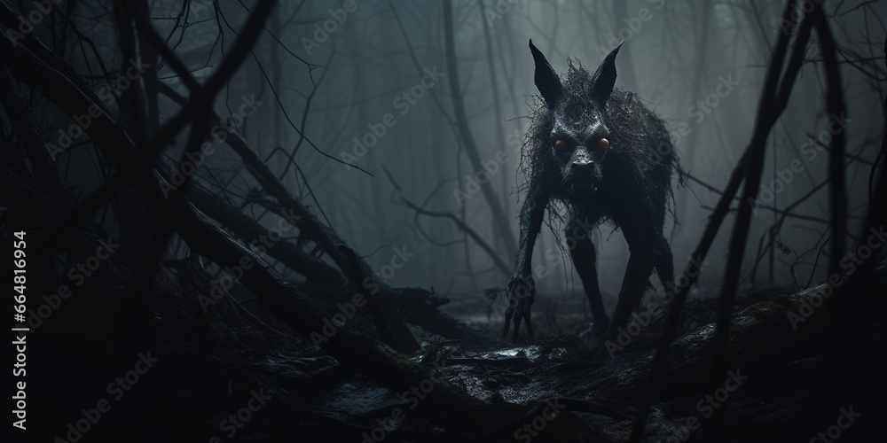 In a dense, misty forest, the Chupacabra lurks in the shadows, its form ...