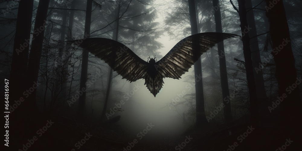 In a dense, fog-laden forest, the shadowy outline of Mothman emerges ...