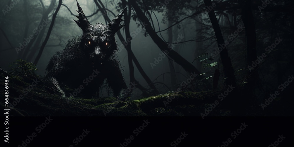 In a dense, misty forest, the Chupacabra lurks in the shadows, its form ...