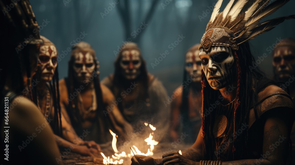 Tribe wearing mask sitting around bonfire, Ancient times. Stock Photo ...