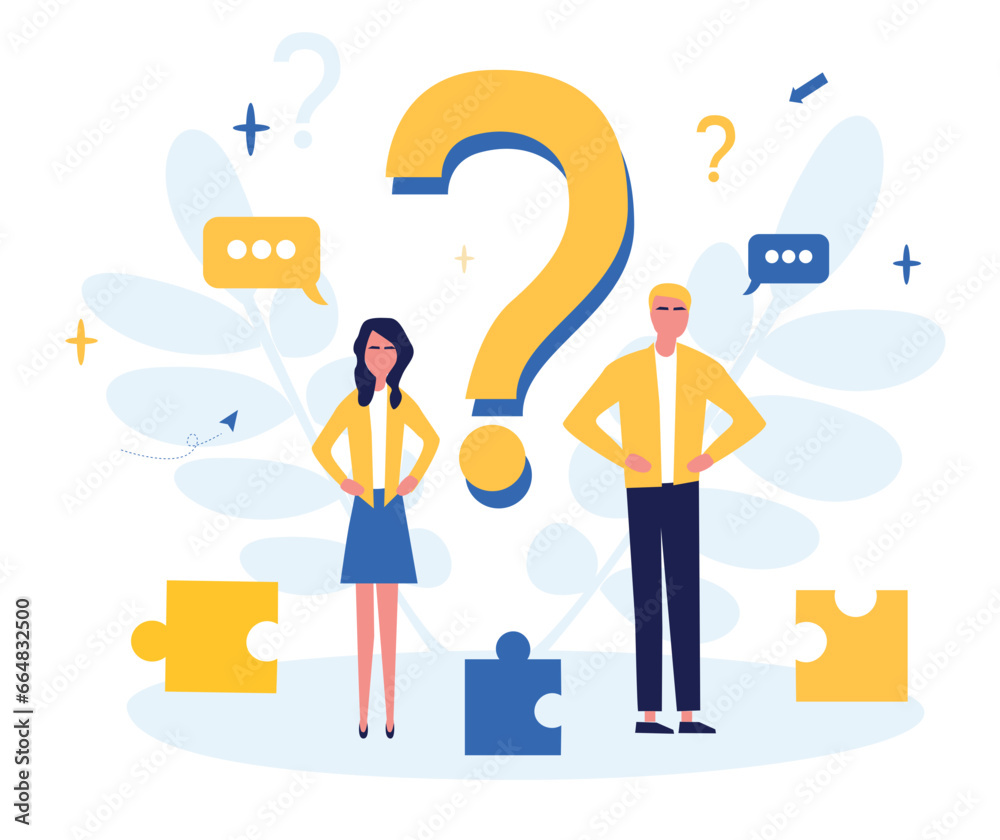 Business concept. Flat style. People around question marks. Question or ...