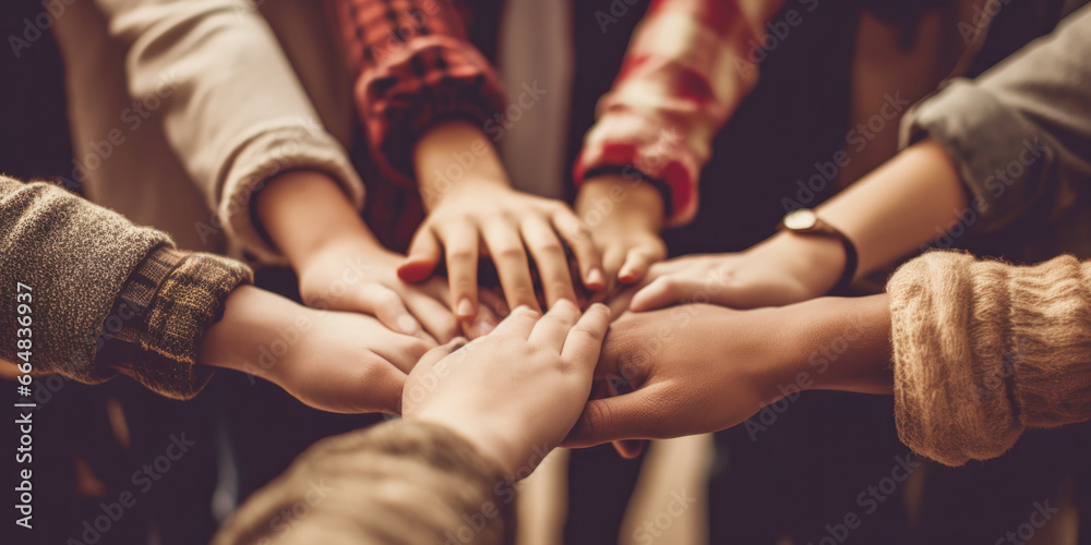 Group of mix race people joining hands together in a circle supporting ...